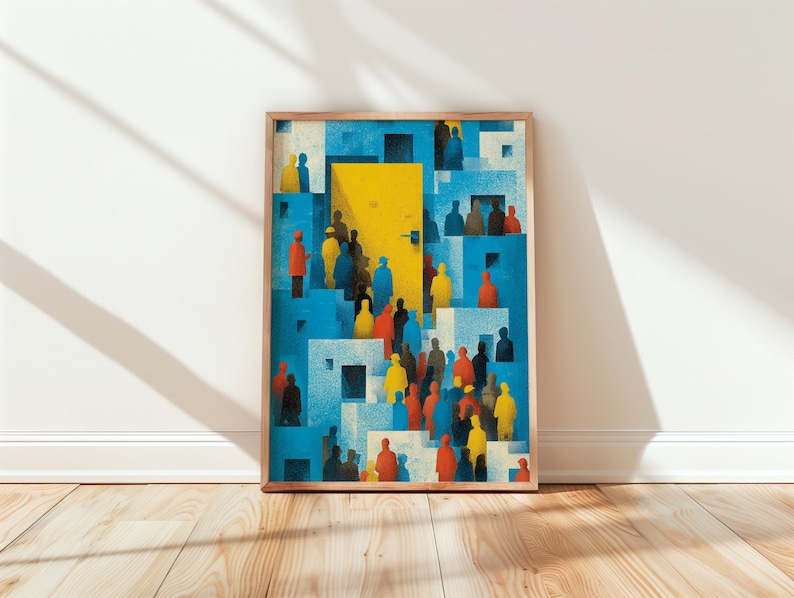 Ilustração abstrata de multidão e porta amarela, arte de parede ...