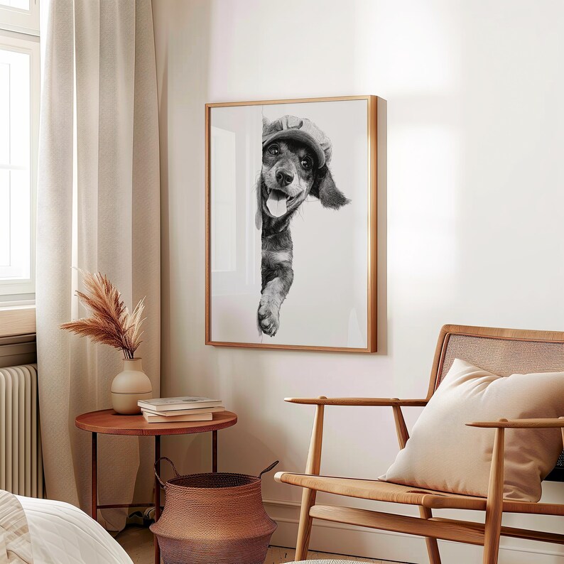 Smiling Dachshund Chef Dog Pencil Sketch Print – Monochrome Pet Wall ...