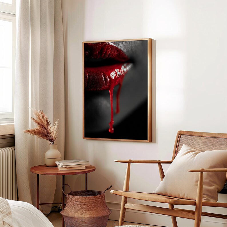 Dark Glamorous Red Lips Art Print: Dripping Liquid Gloss Fashion Wall ...