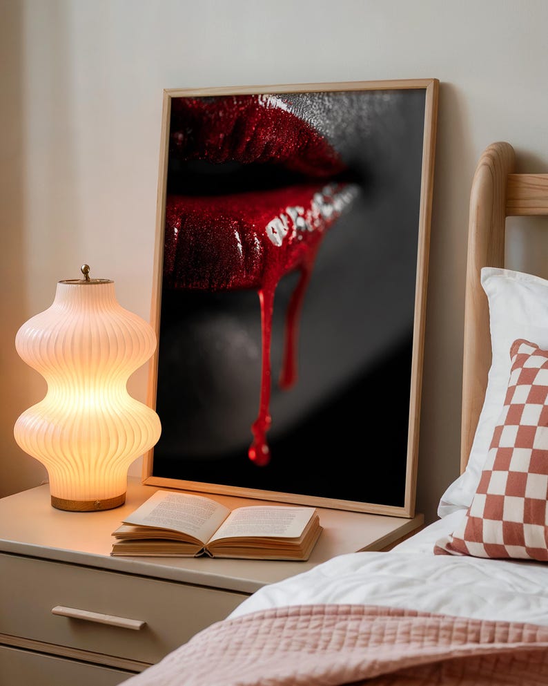 Dark Glamorous Red Lips Art Print: Dripping Liquid Gloss Fashion Wall ...