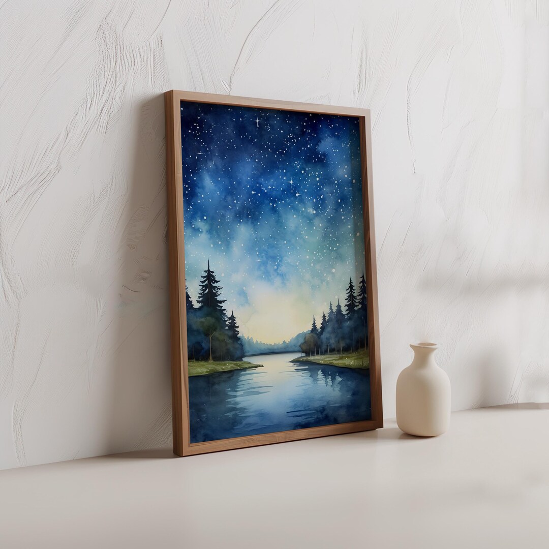 Starry Night Sky Canvas – Watercolor Galaxy Art – Celestial Decor for ...
