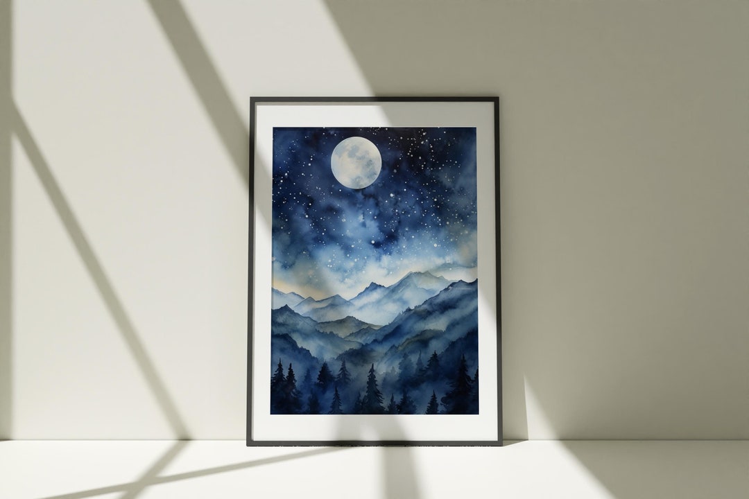 Night Sky Digital Download | Watercolor Moonlit Clipart | Printable ...