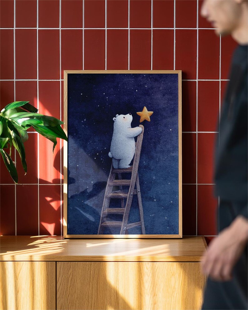 Impressão artística de um urso branco alcançando uma estrela: pôster ...