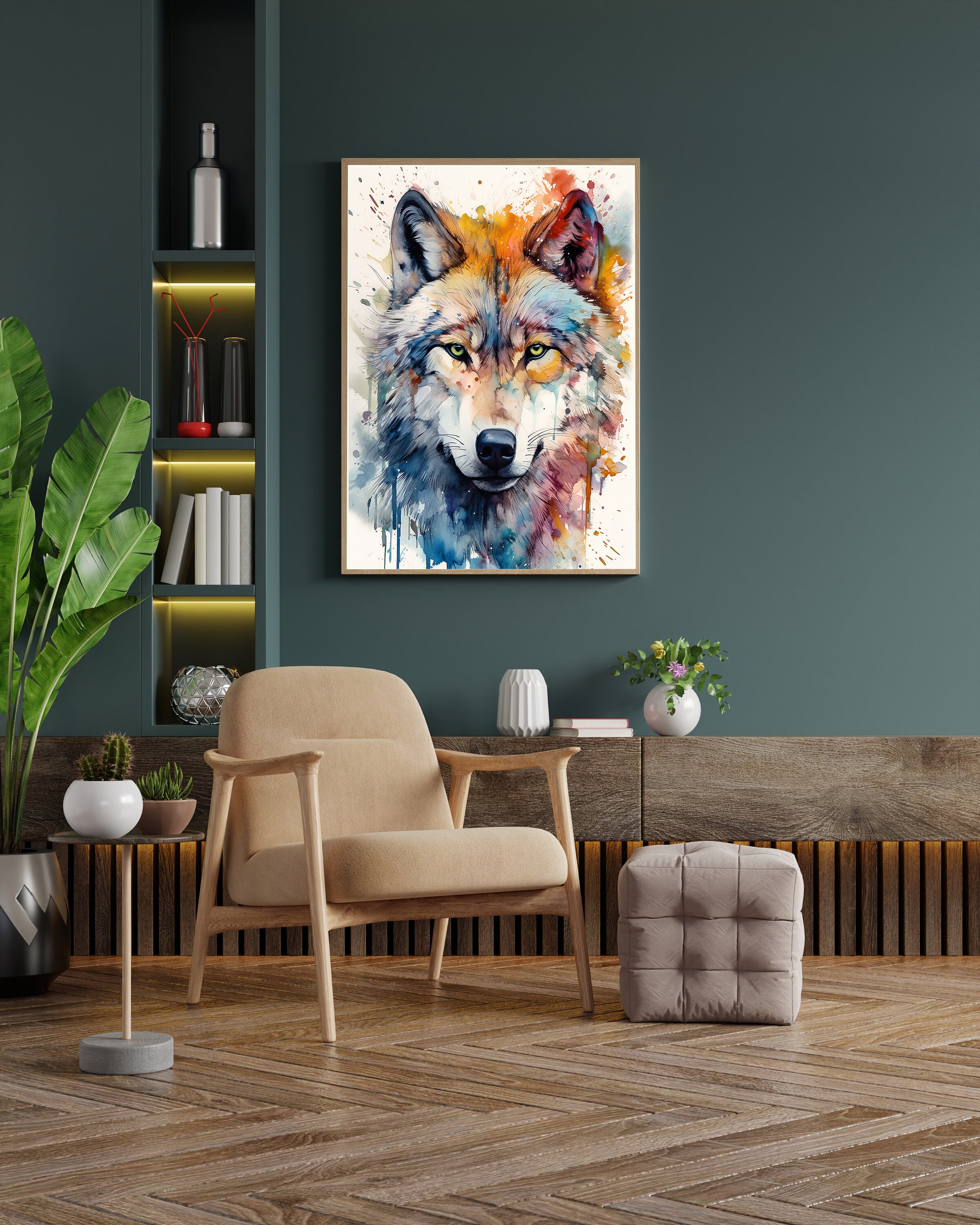Watercolor Gray Wolf Painting Wall Art, Canvas Poster, Gift, Colorful ...