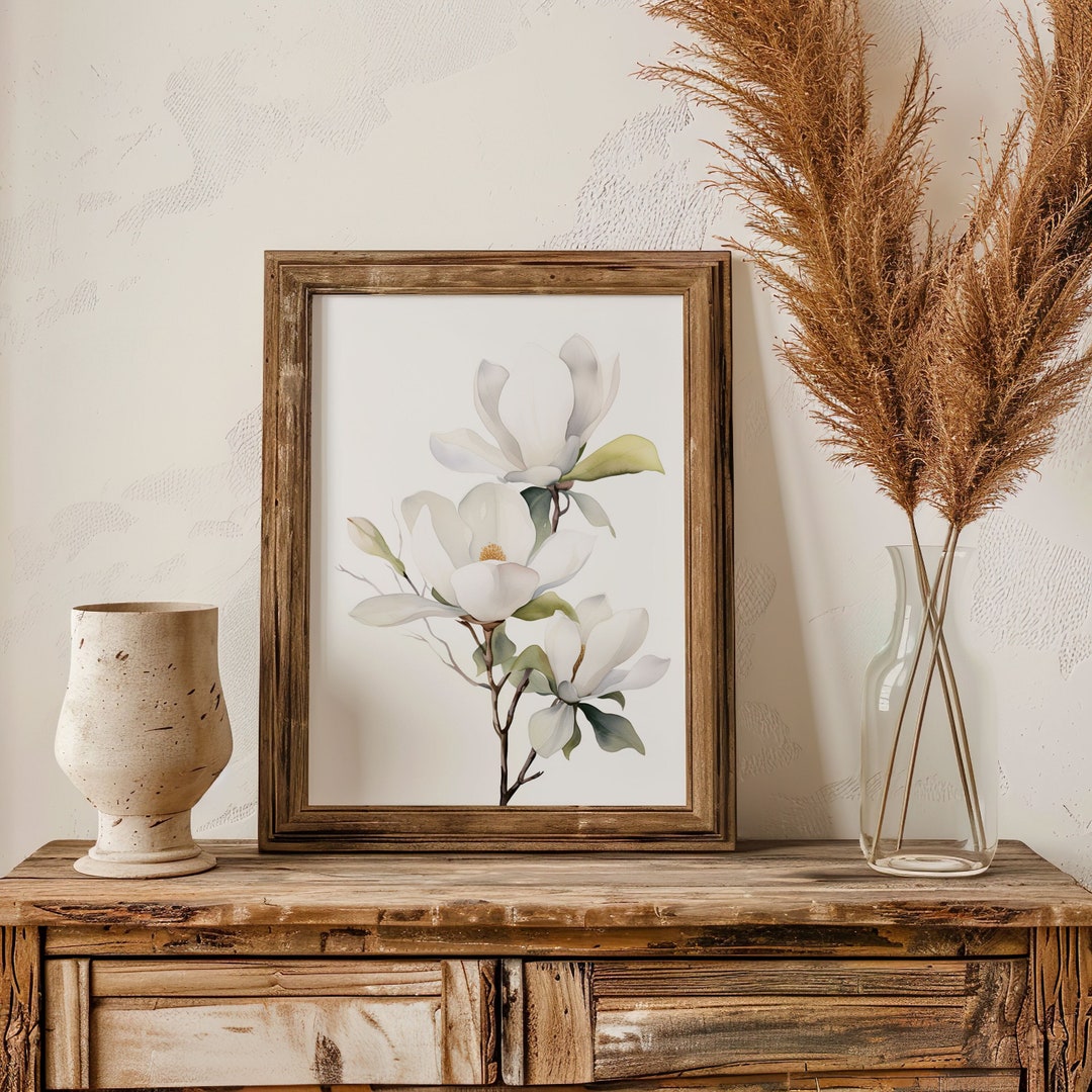 White Magnolia Painting – Floral Watercolor Canvas – Elegant Wall Art ...