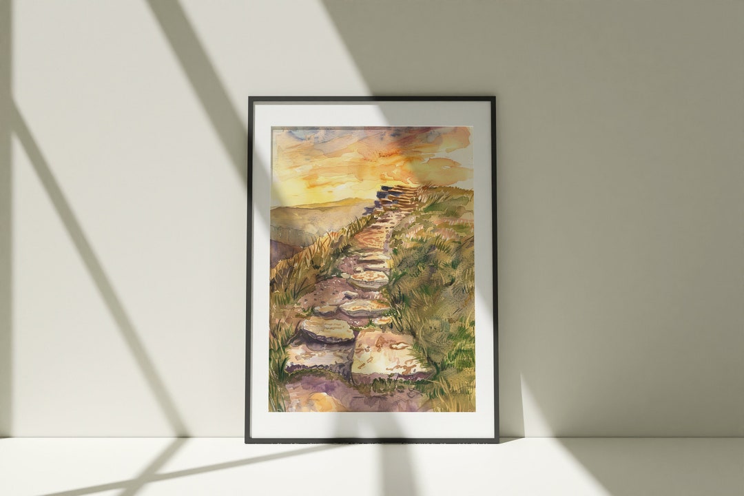 Minimalist Watercolor Path Landscape, Abstract Forest Lake Wall Art ...