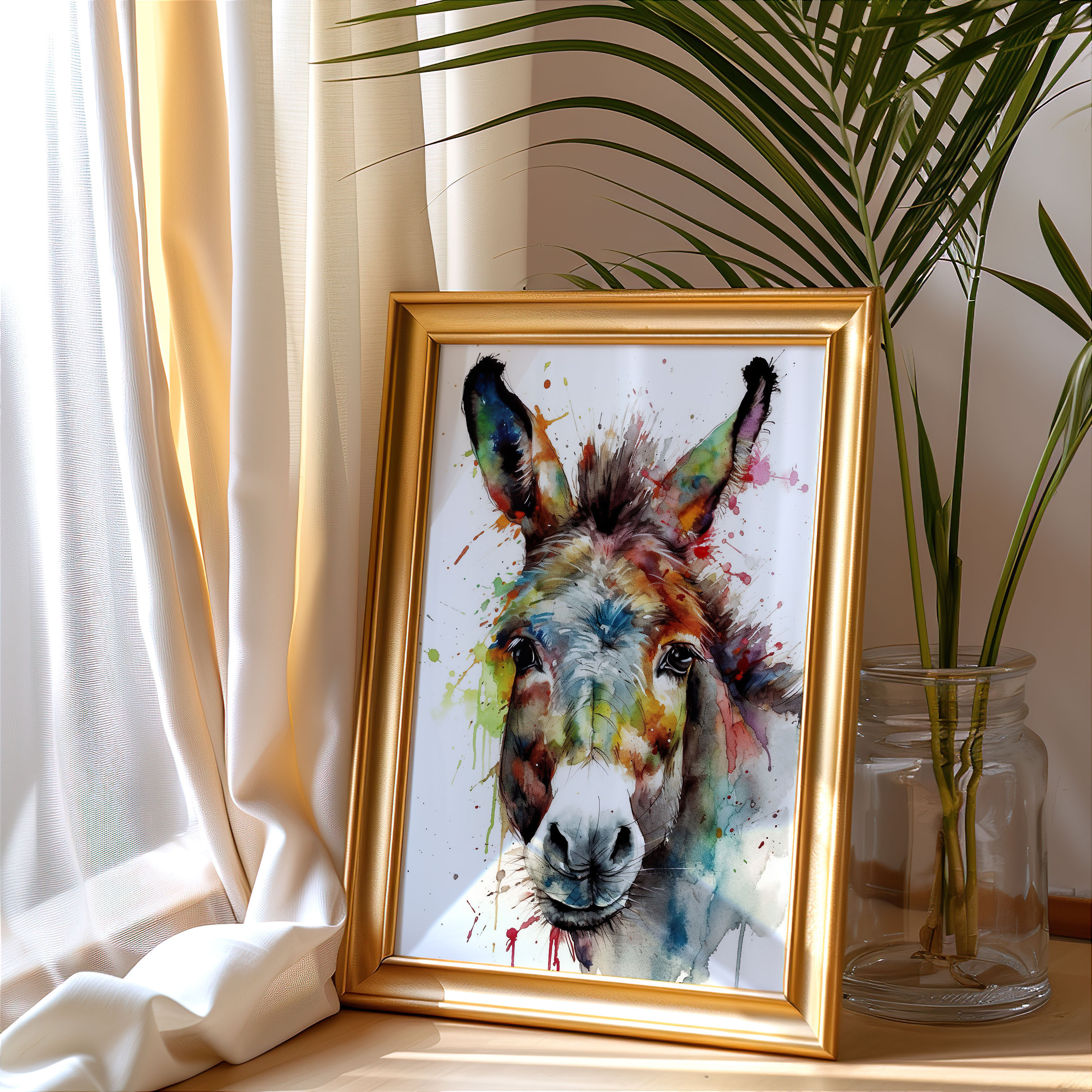 Donkey Painting Wall Art, Canvas Poster, Gift, Watercolor, Colorful ...