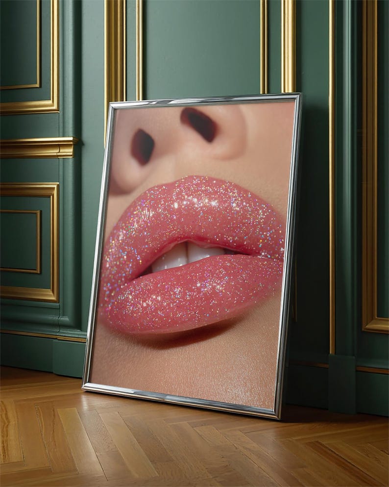 Glitter Lips Close-up Print: Pink Sparkle Makeup Fashion Wall Art (fine ...