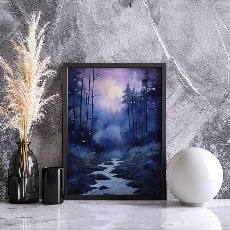 Night Forest Painting, Wall Art, Canvas Poster, Gift, Watercolor, Colorful Painting Illustration ...