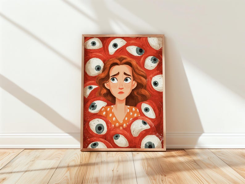 Anxious Girl Surrounded by Eyes Surreal Illustration Print – Fearful ...