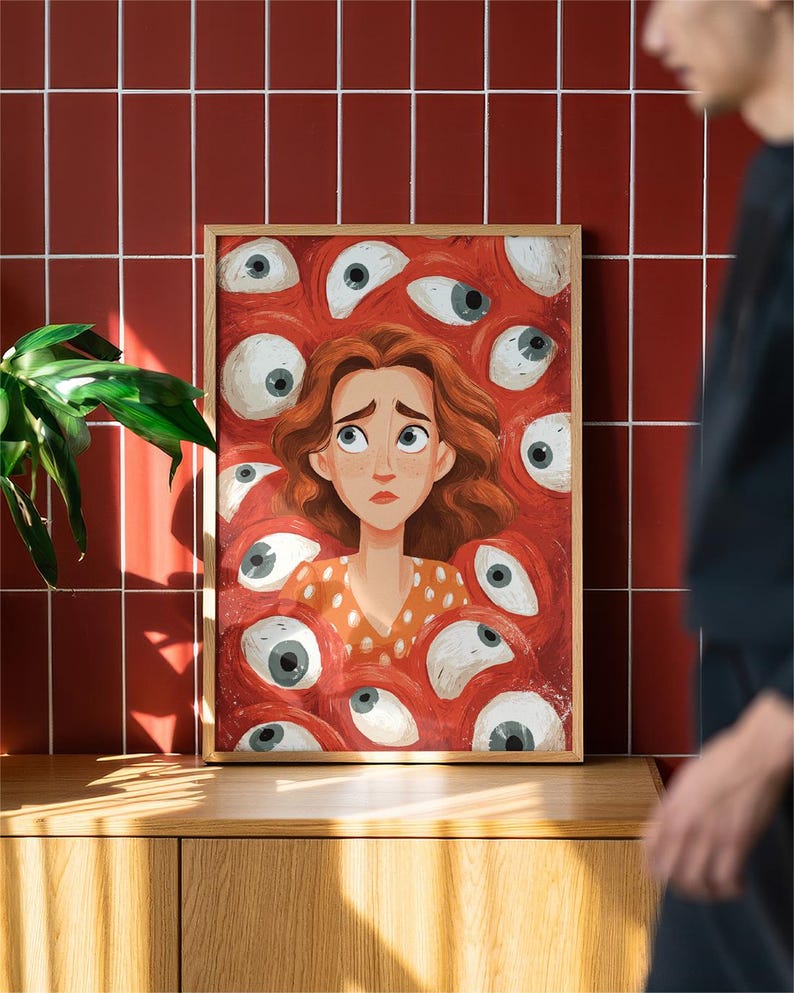 Anxious Girl Surrounded by Eyes Surreal Illustration Print – Fearful ...