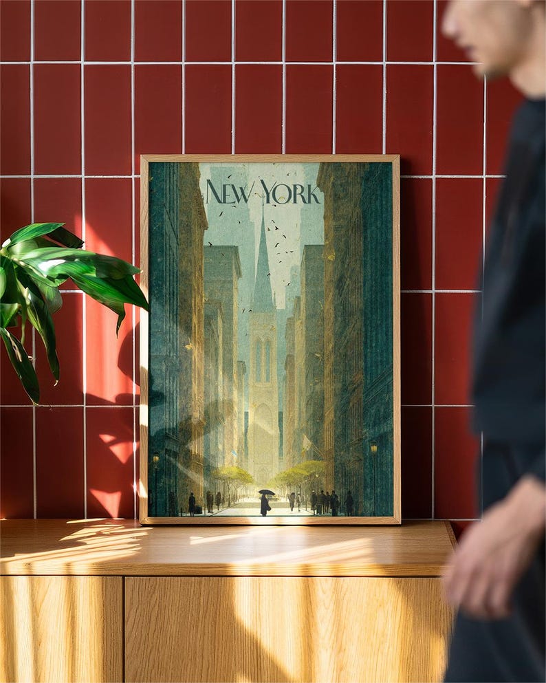 New York Cathedral Street Vintage Poster Print: Atmospheric Urban Wall ...