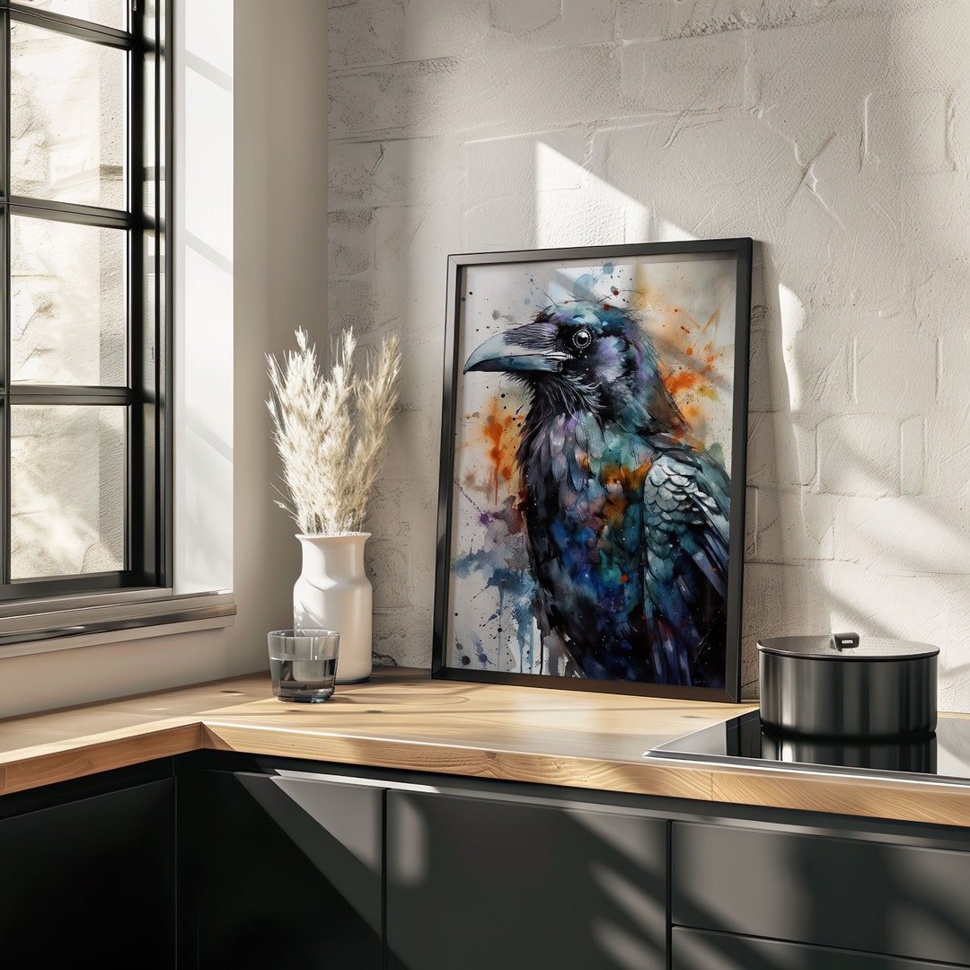Raven Painting Watercolor Bird Wall Art Canvas Poster Colorful Animal ...