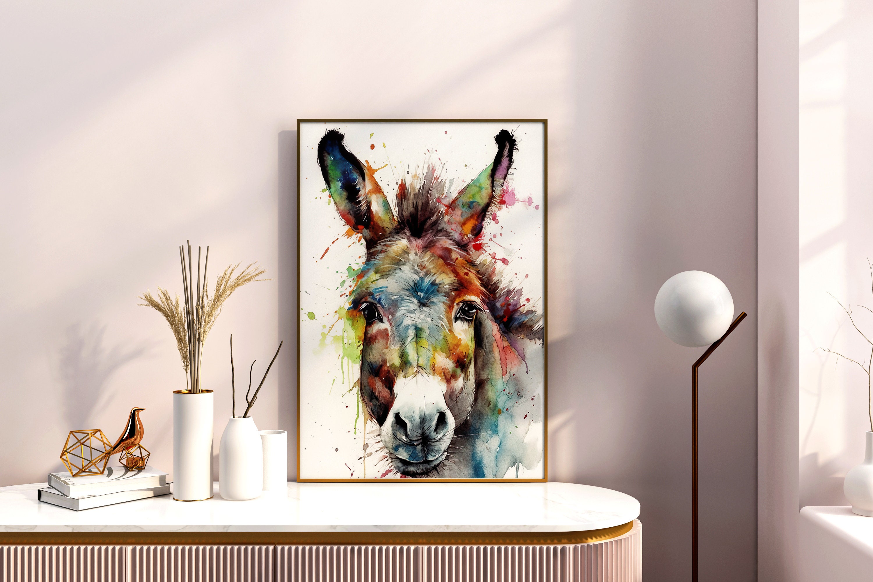 Donkey Painting Wall Art, Canvas Poster, Gift, Watercolor, Colorful ...