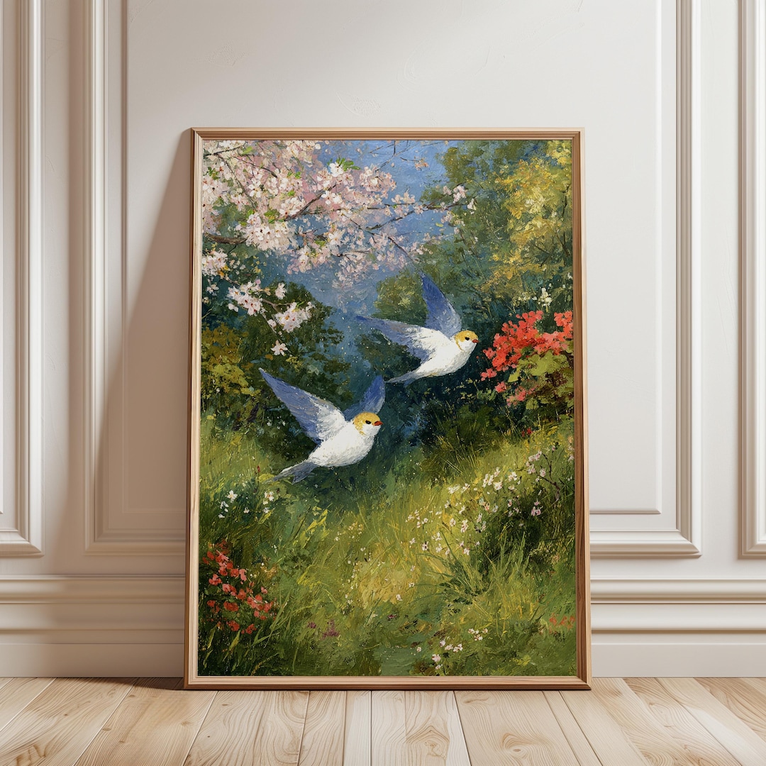 White Birds Spring Garden Print: Cherry Blossoms, Lush Greenery ...