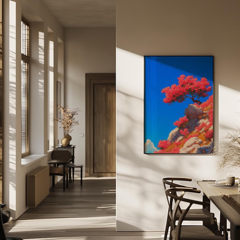 Vibrant Red Blossom Tree Art Print: Rocky Cliff Landscape Nature ...