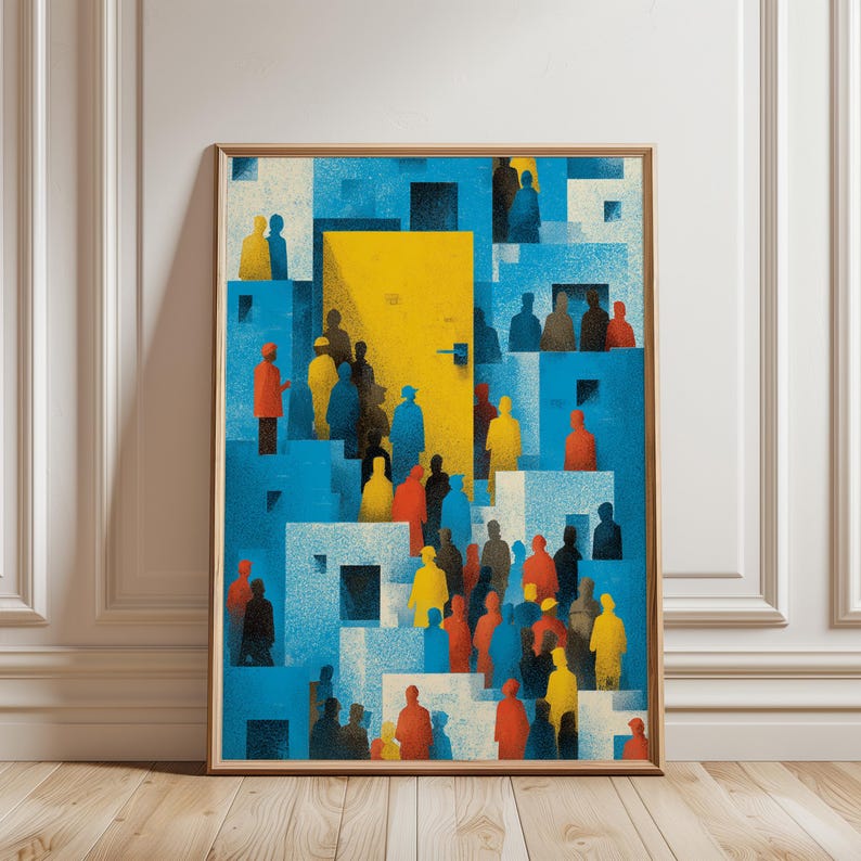 Ilustração abstrata de multidão e porta amarela, arte de parede ...