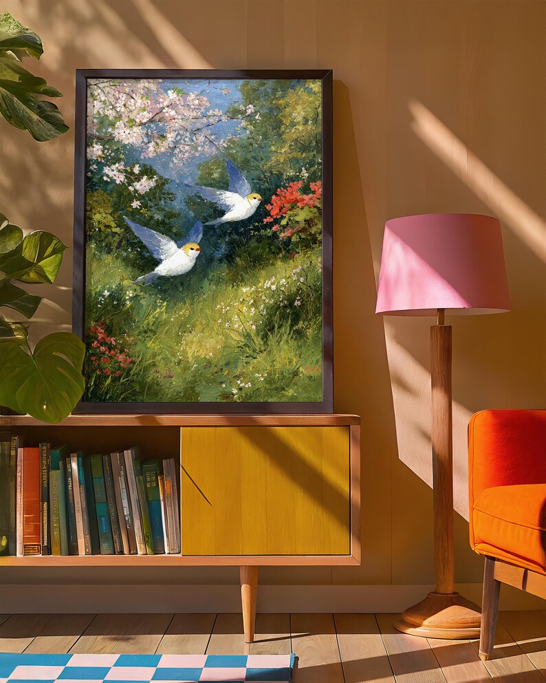 White Birds Spring Garden Print: Cherry Blossoms, Lush Greenery ...