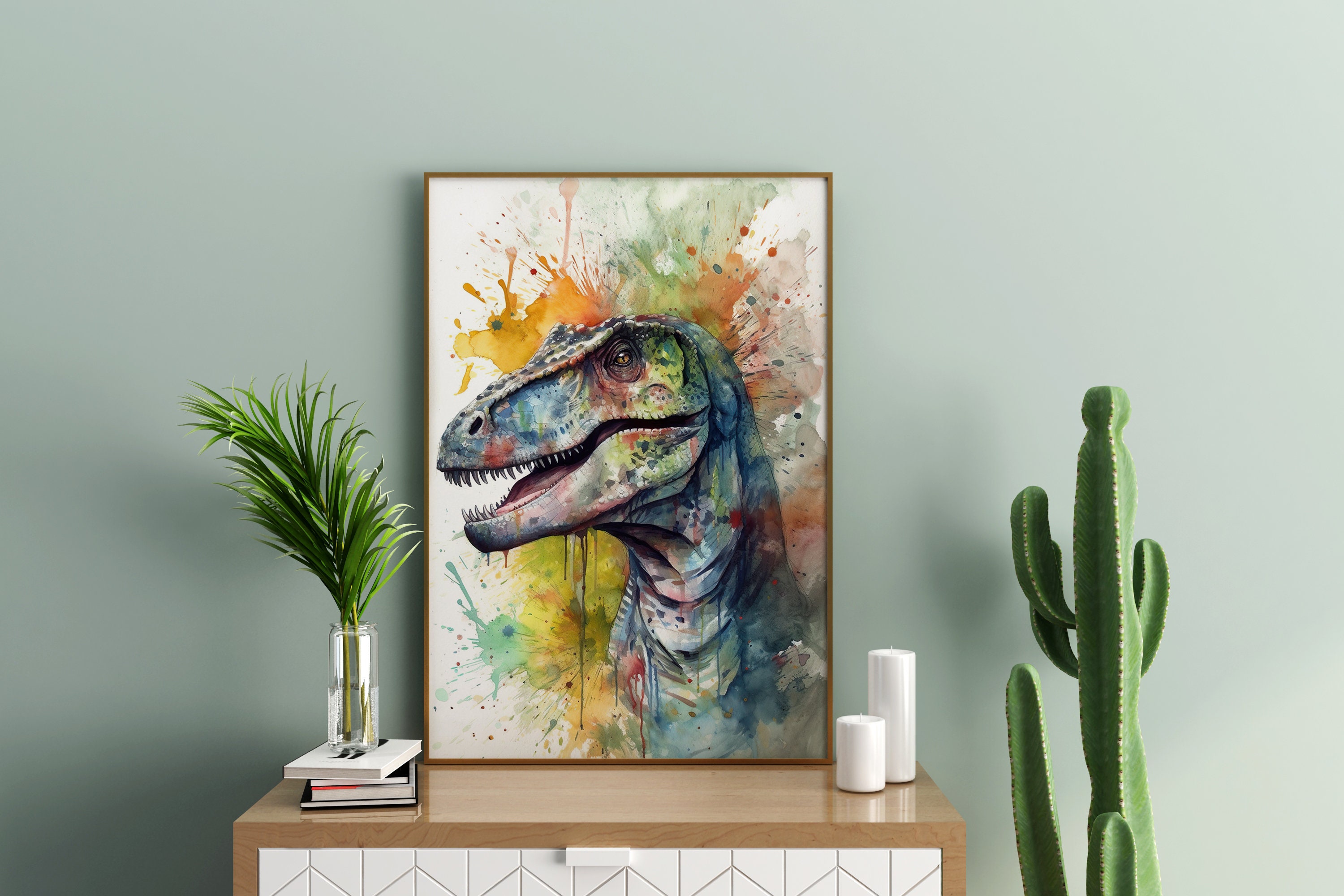 T Rex Painting Wall Art, Canvas Poster, Gift, Watercolor, Colorful ...
