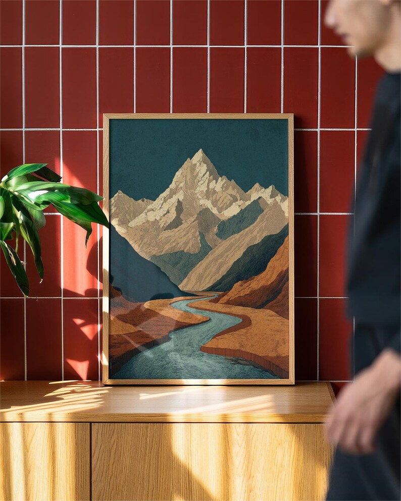 Snow Capped Mountain Peaks and Curving River Vintage Adventure Wall Art ...