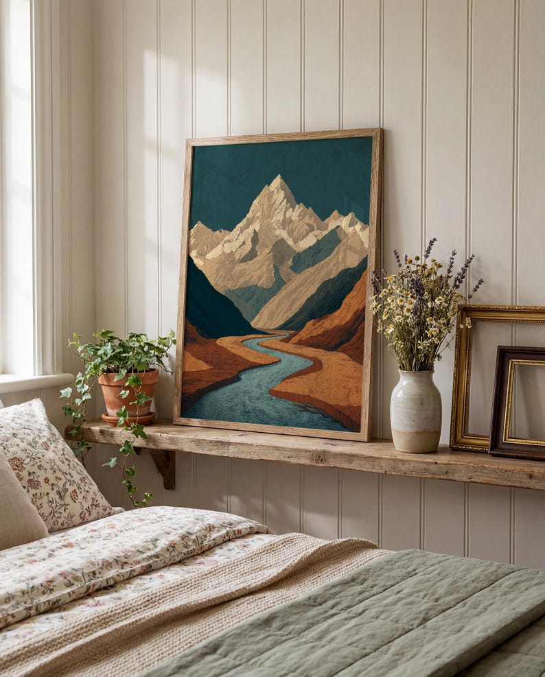 Snow Capped Mountain Peaks and Curving River Vintage Adventure Wall Art ...