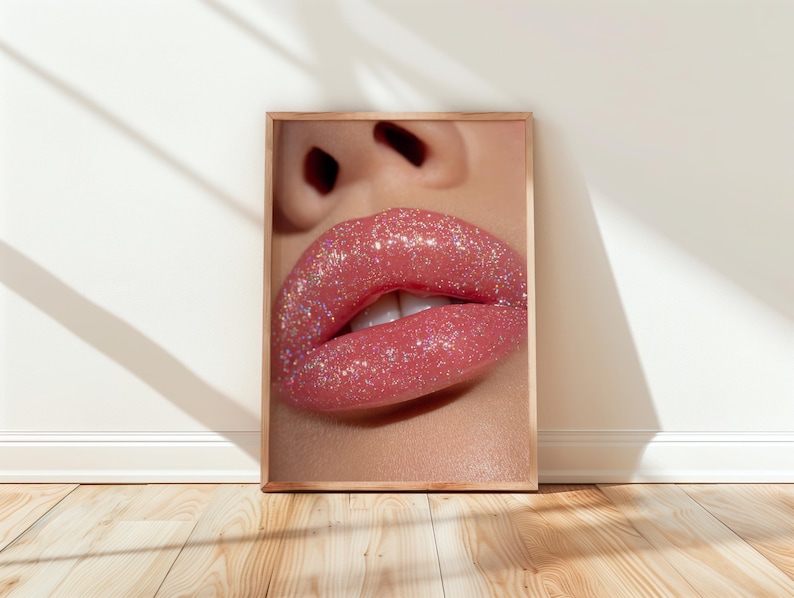 Glitter Lips Close-up Print: Pink Sparkle Makeup Fashion Wall Art (fine ...