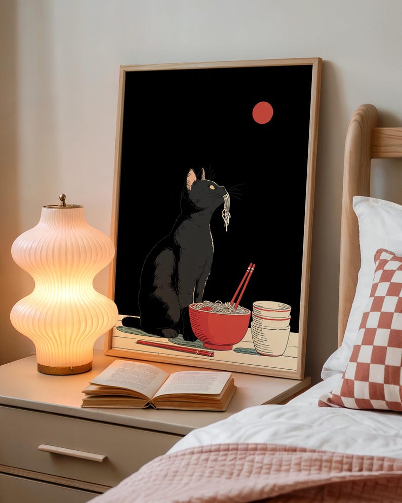 Pôster com ilustração minimalista japonesa de Black Cat Noodles Red ...