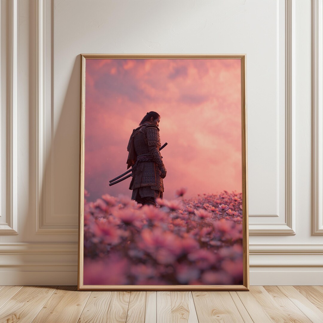 Samurai Warrior Pink Blossoms Sunset Wall Art Print Japanese Inspired