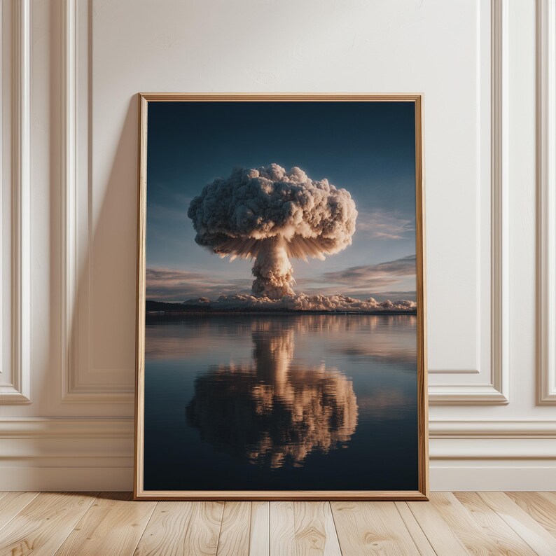 Impressão artística de parede com nuvem de cogumelo nuclear refletiva ...