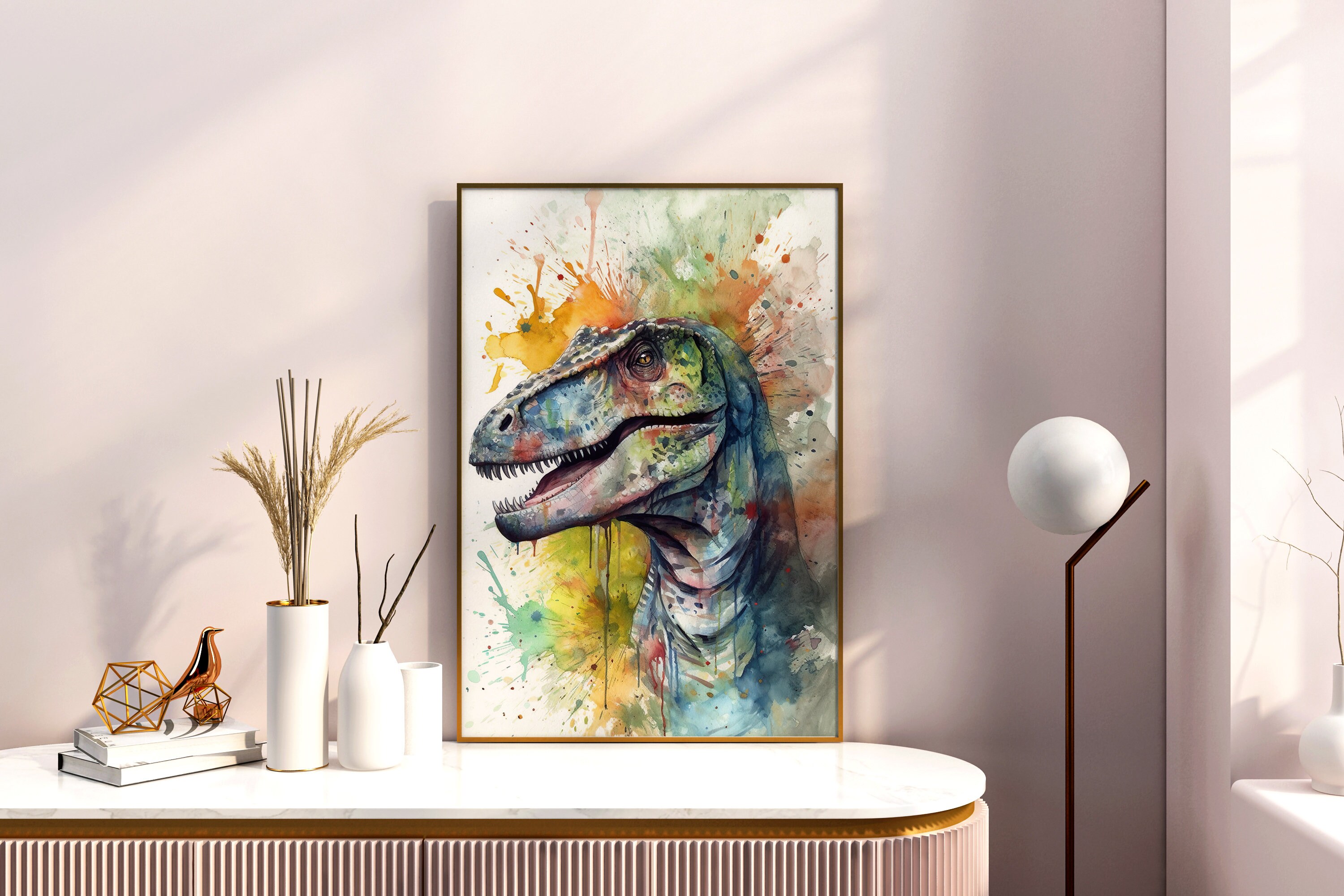 T Rex Painting Wall Art, Canvas Poster, Gift, Watercolor, Colorful ...