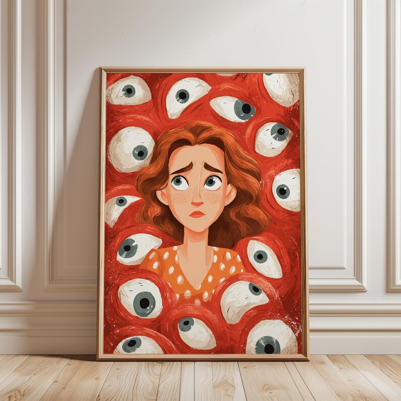 Anxious Girl Surrounded by Eyes Surreal Illustration Print – Fearful ...