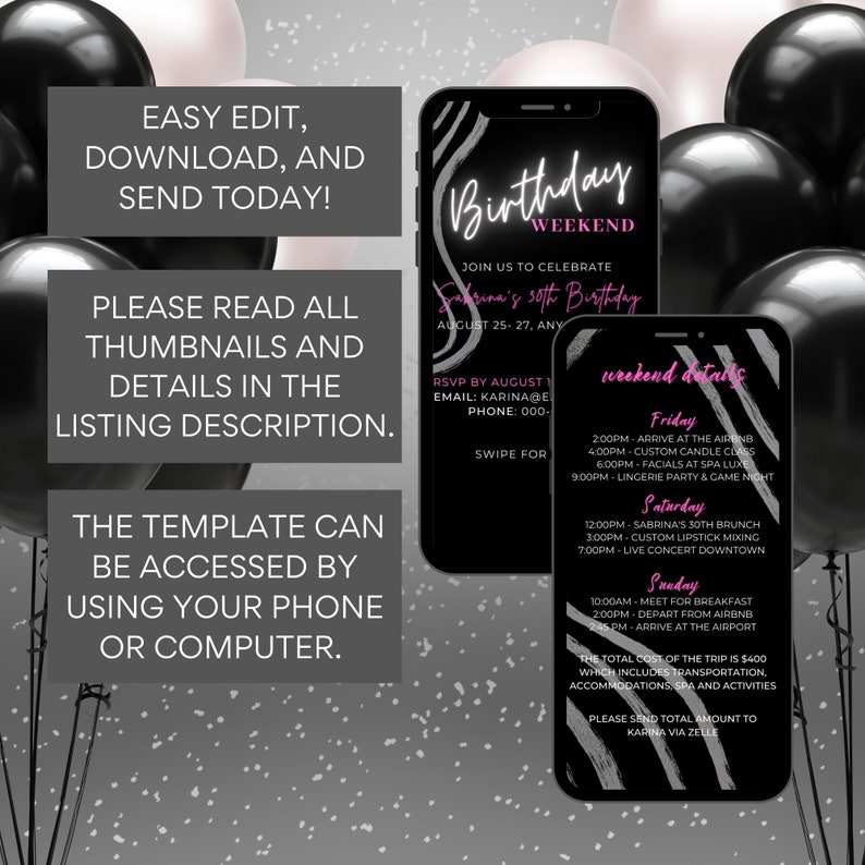 Pink & Black Birthday Digital Invitation Evite Birthday Weekend ...