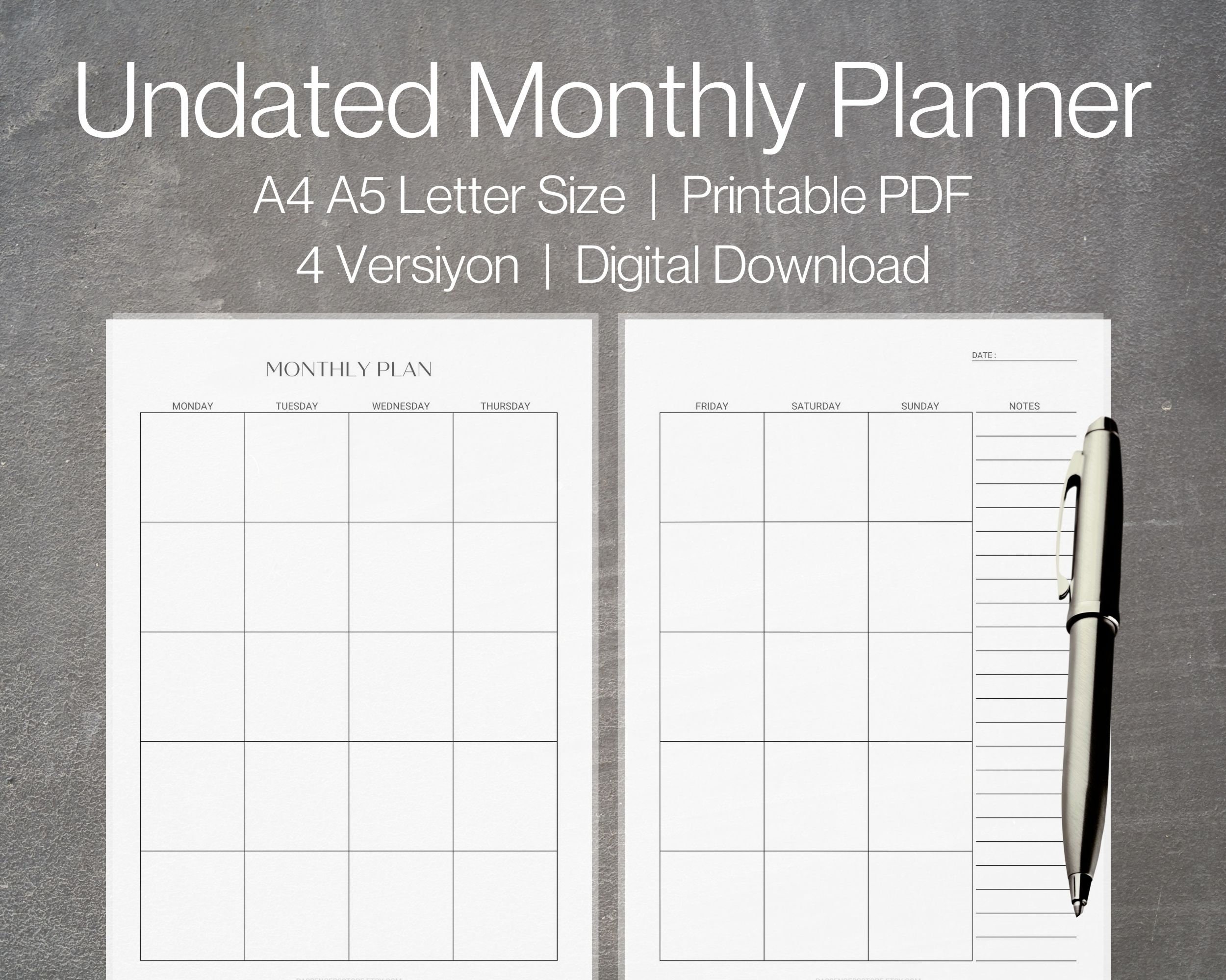 Undated Monthly Planner Printable Empty Planner Daily, Weekly and ...