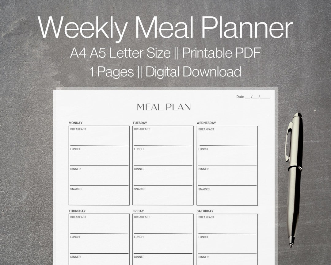 Weekly Meal Planner Printable 7 Day Menu Planner Food Journal Meal Prep ...