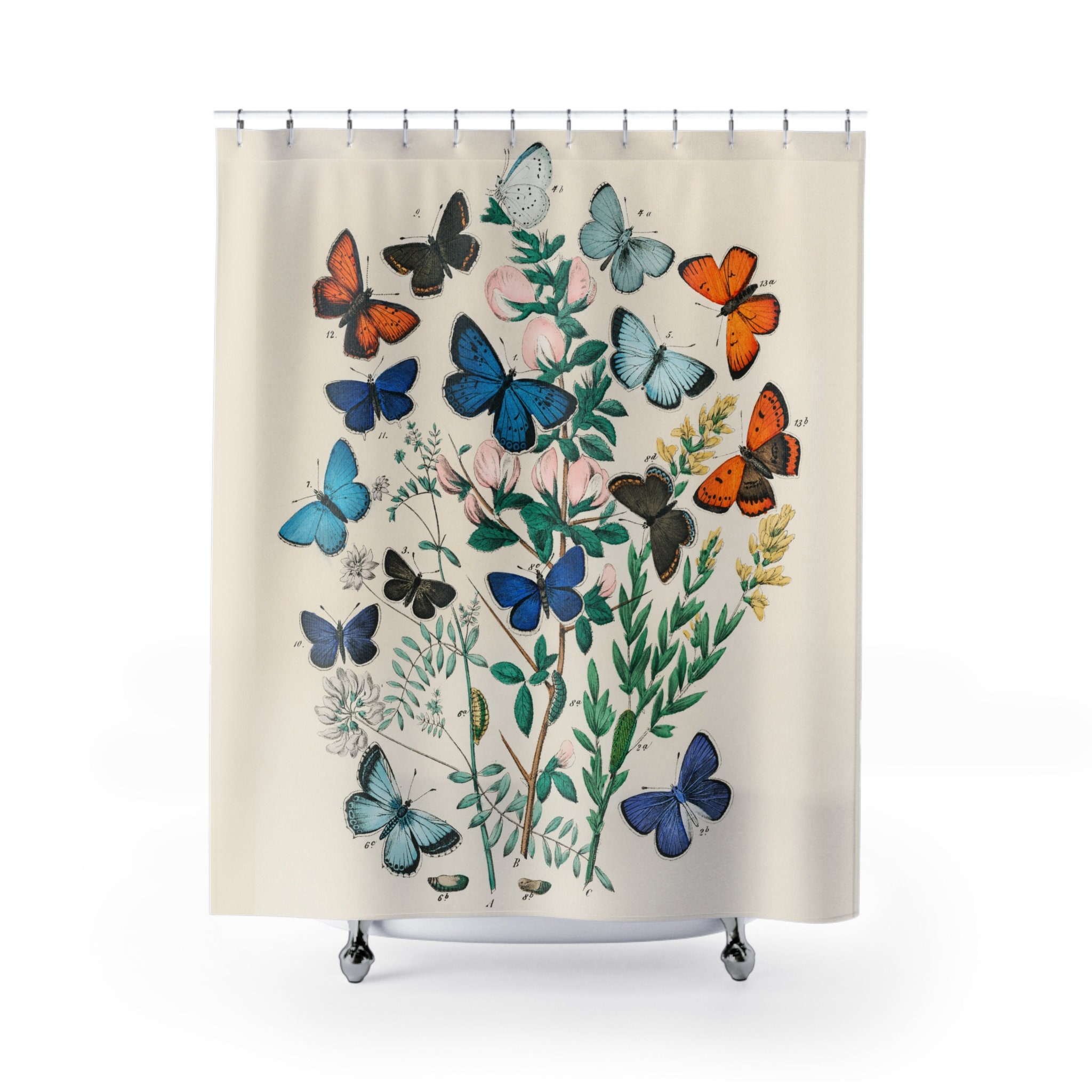 Vintage Butterflies Shower Curtain, Butterflies Floral Shower Curtain, Butterfly Garden Shower ...