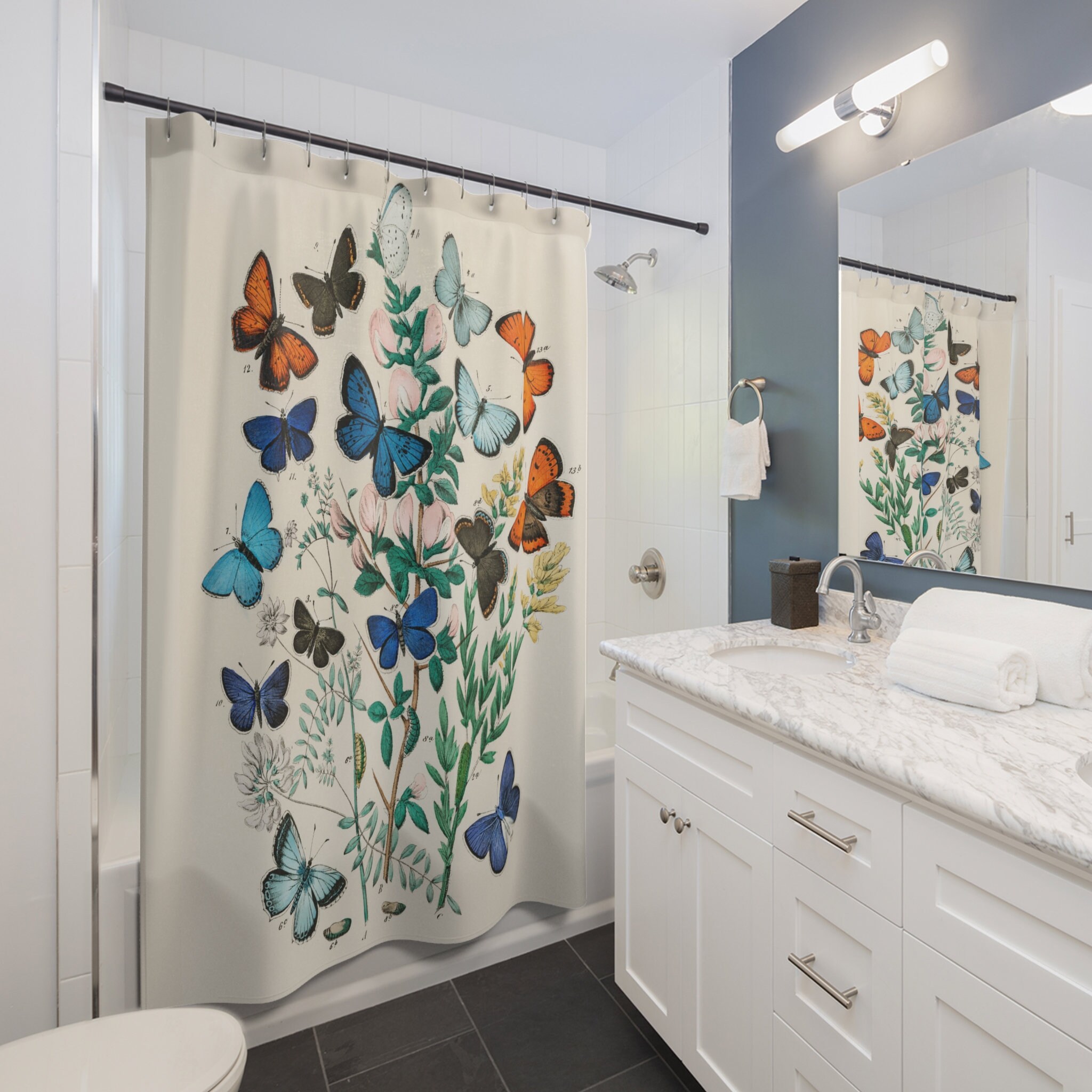 Vintage Butterflies Shower Curtain, Butterflies Floral Shower Curtain ...