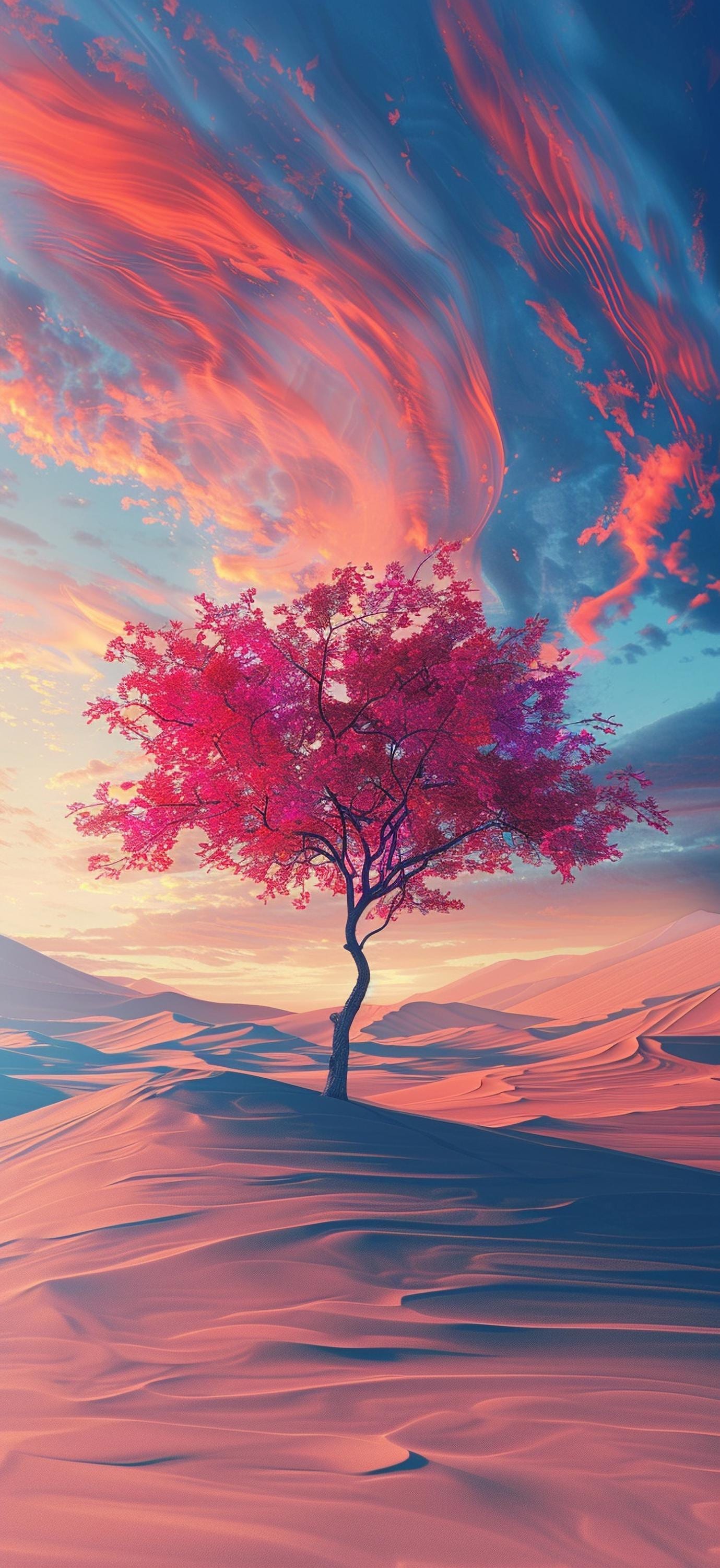 Neon Sunset Desert 4K Wallpaper Vibrant Pink Tree Landscape for iPhone ...
