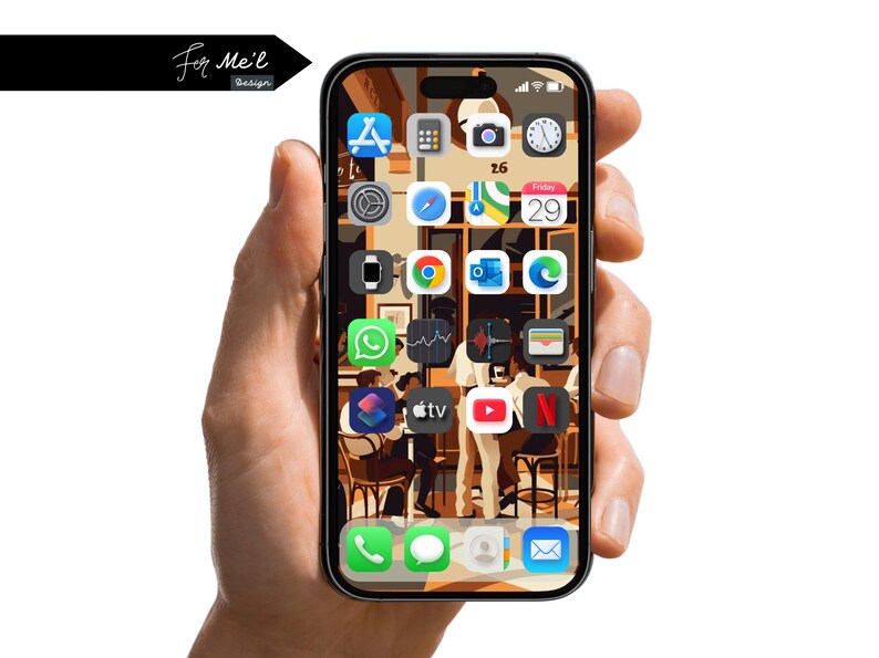 Vintage Mid-century Café Scene Phone Wallpaper, Retro Illustration ...