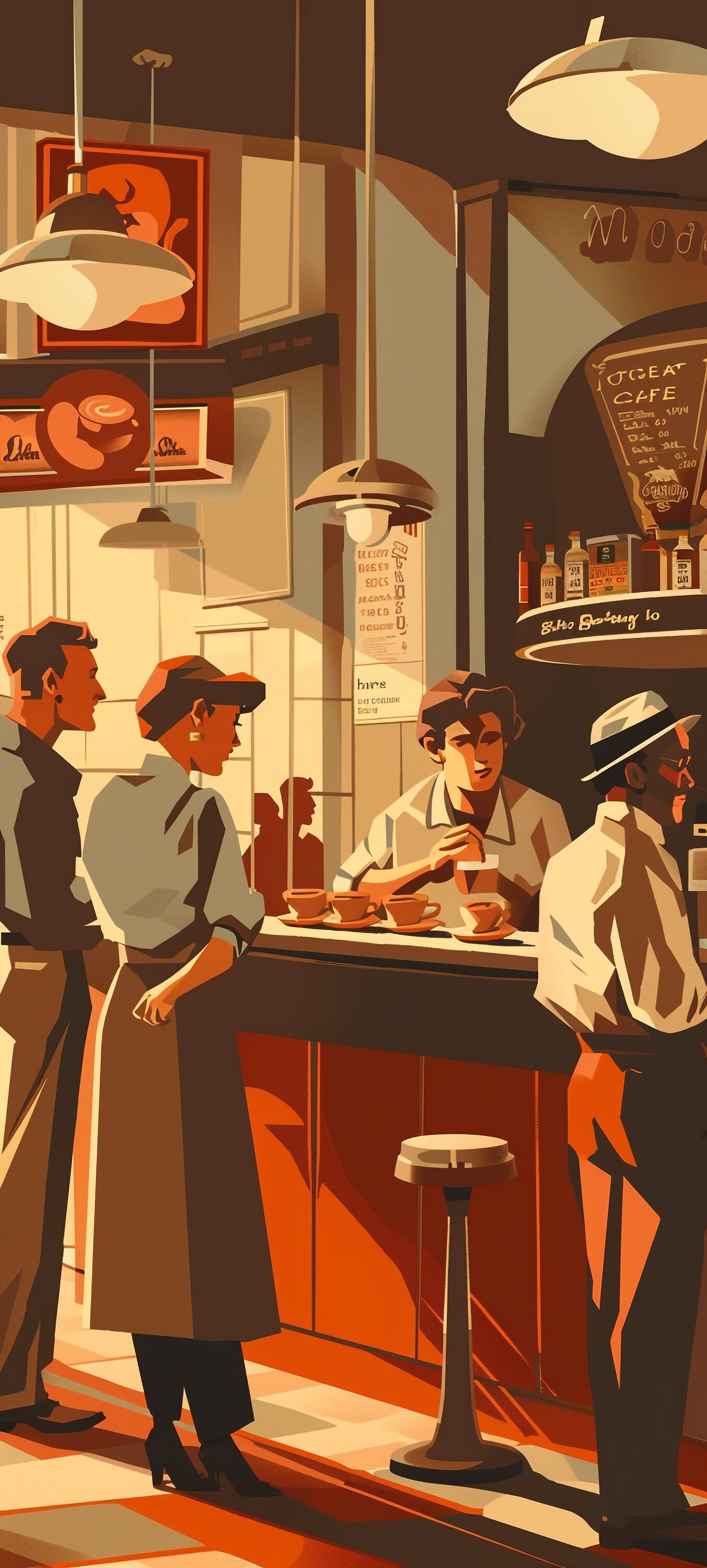 Vintage Café Scene Phone Wallpaper - Retro Illustration Digital Art ...