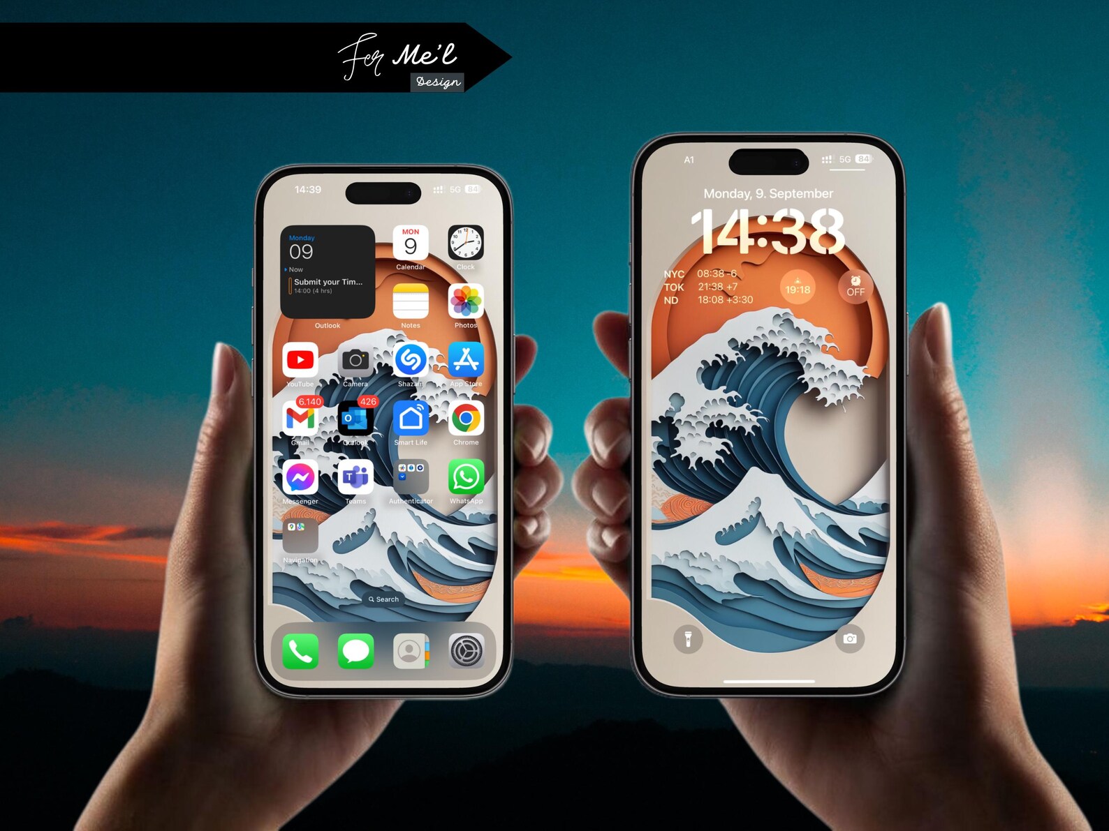 Japanese Wave Art 4K Wallpaper - Sunset Paper Cut Design for Iphone ...