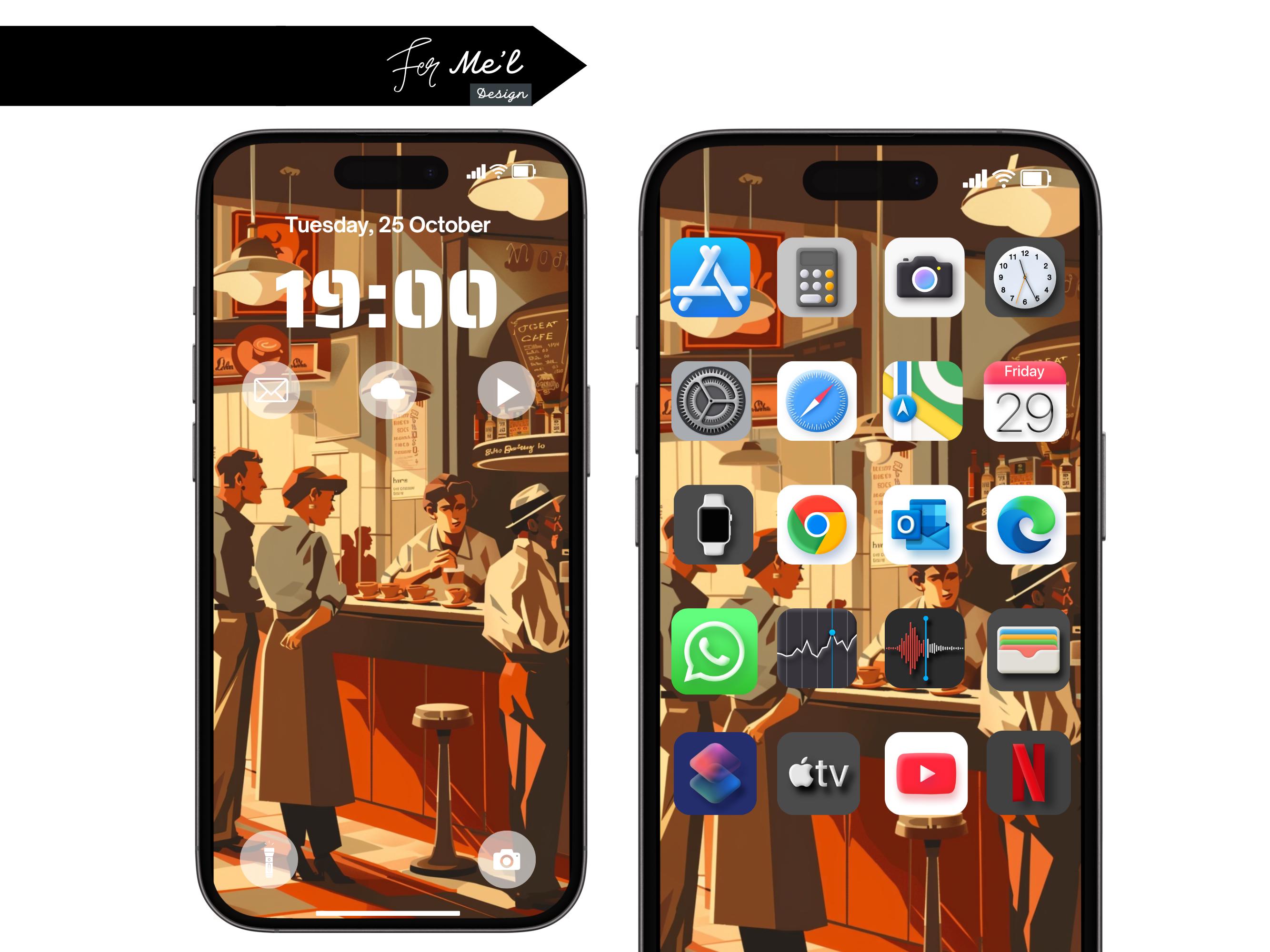 Vintage Café Scene Phone Wallpaper - Retro Illustration Digital Art ...