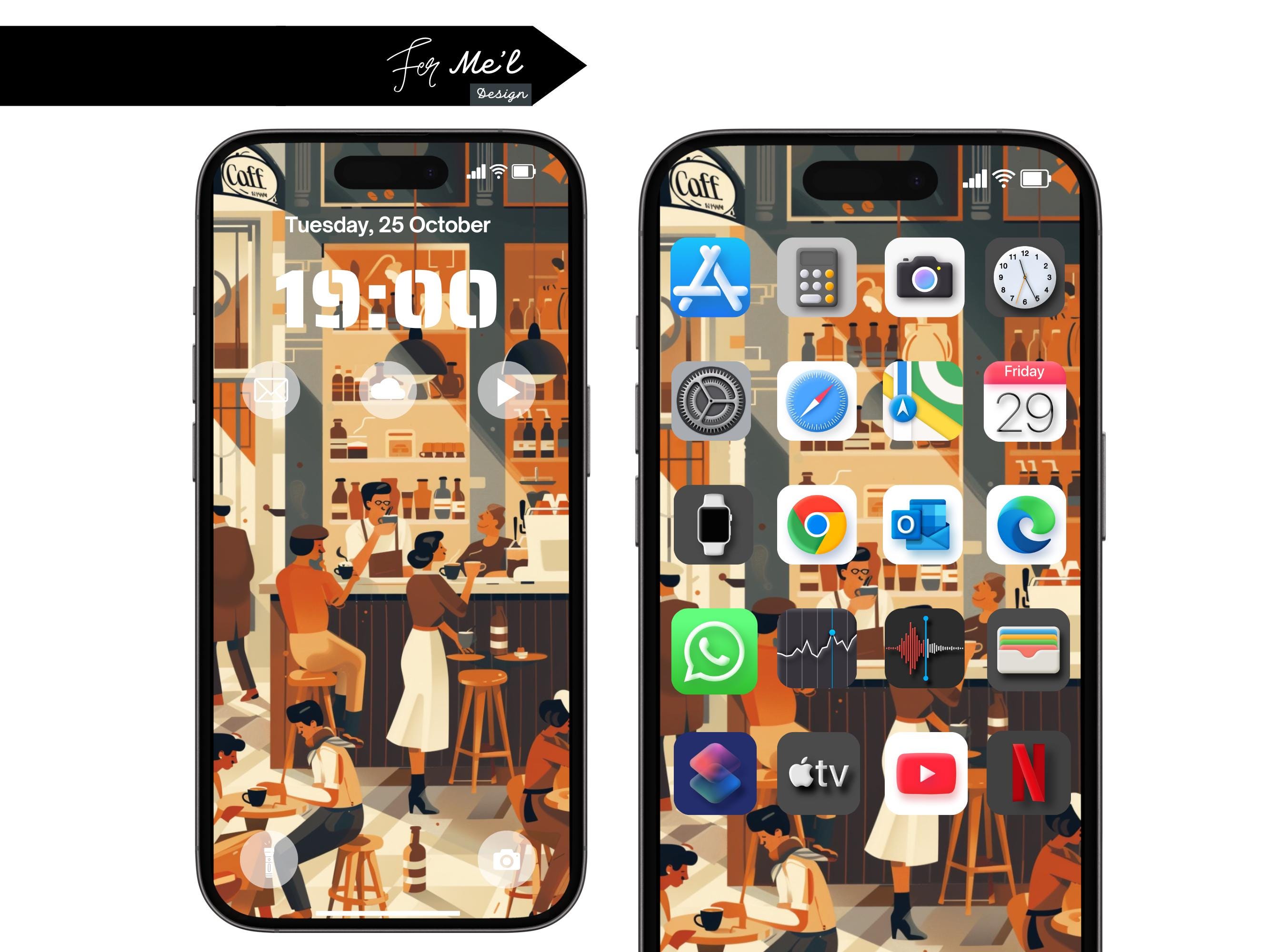 Cozy Vintage Cafe Scene Wallpaper - Mid-century Modern iPhone & Android ...