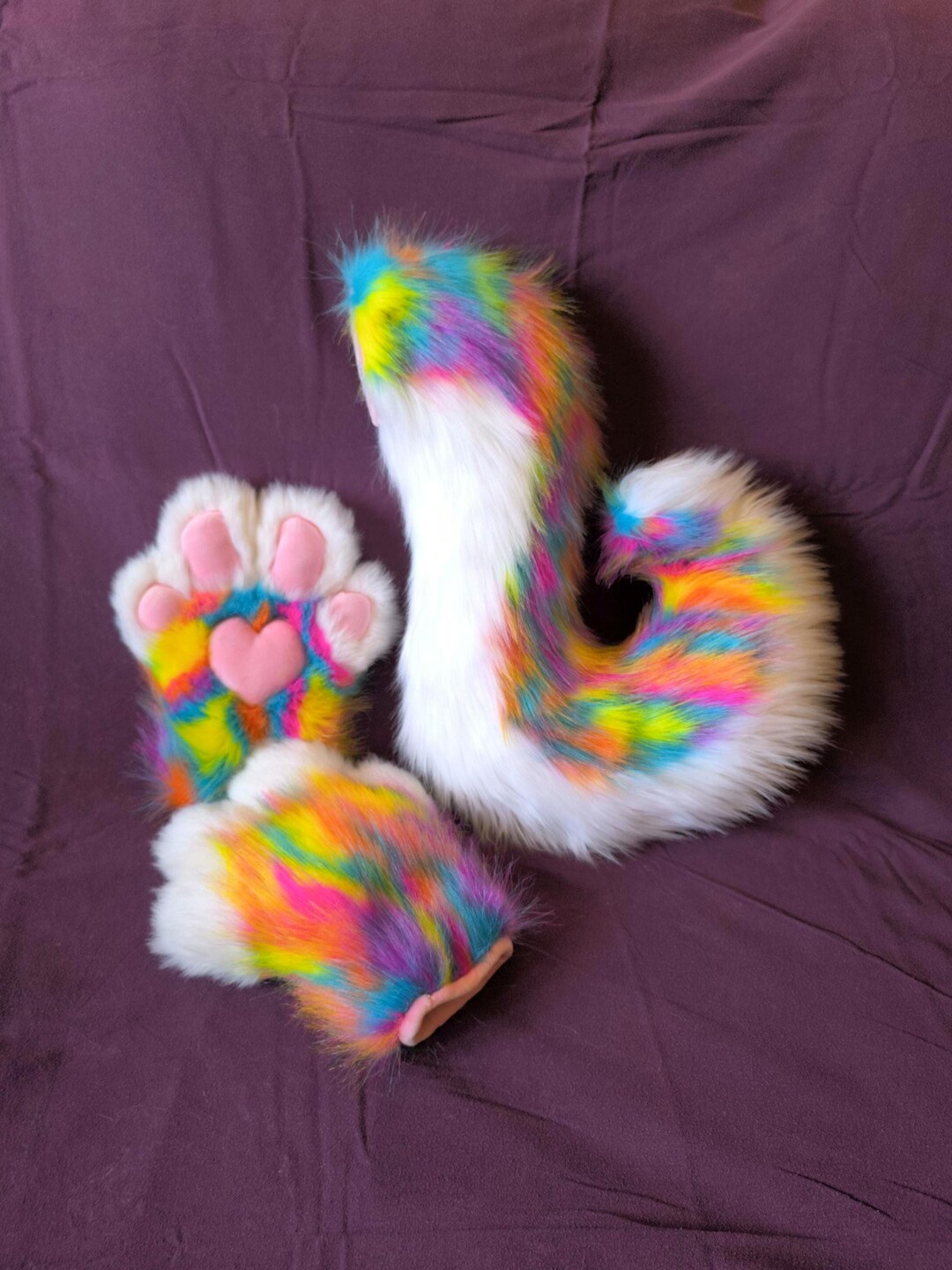 FURRY TAIL and HANDPAWS Rainbow and White Fursuit Fursona Handmade Paw ...