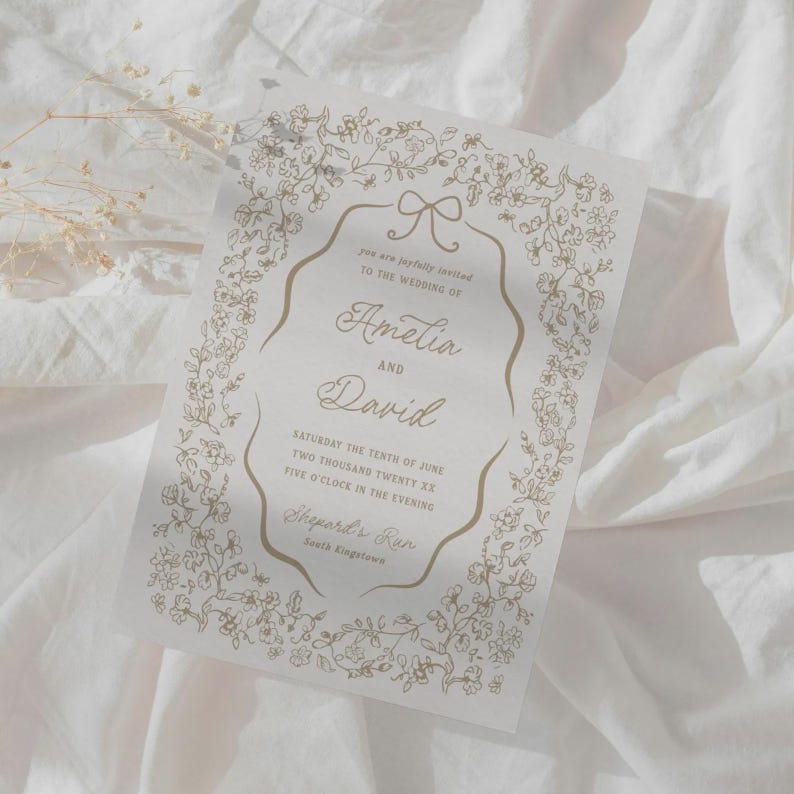 Beige Wedding Invitation Template Elegant Hand Drawn Floral Chinoiserie ...