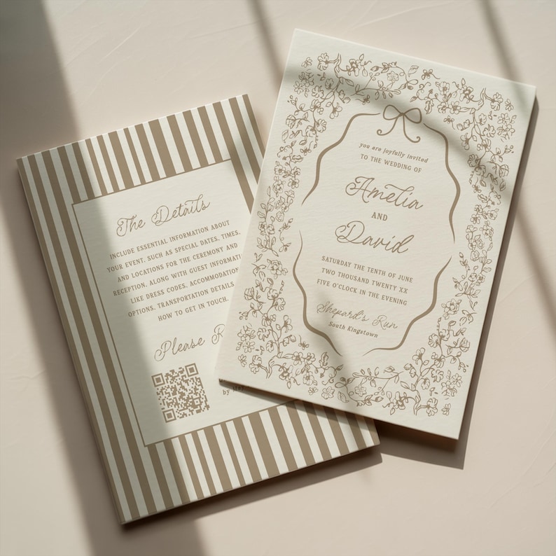 Beige Wedding Invitation Template Elegant Hand Drawn Floral Chinoiserie ...