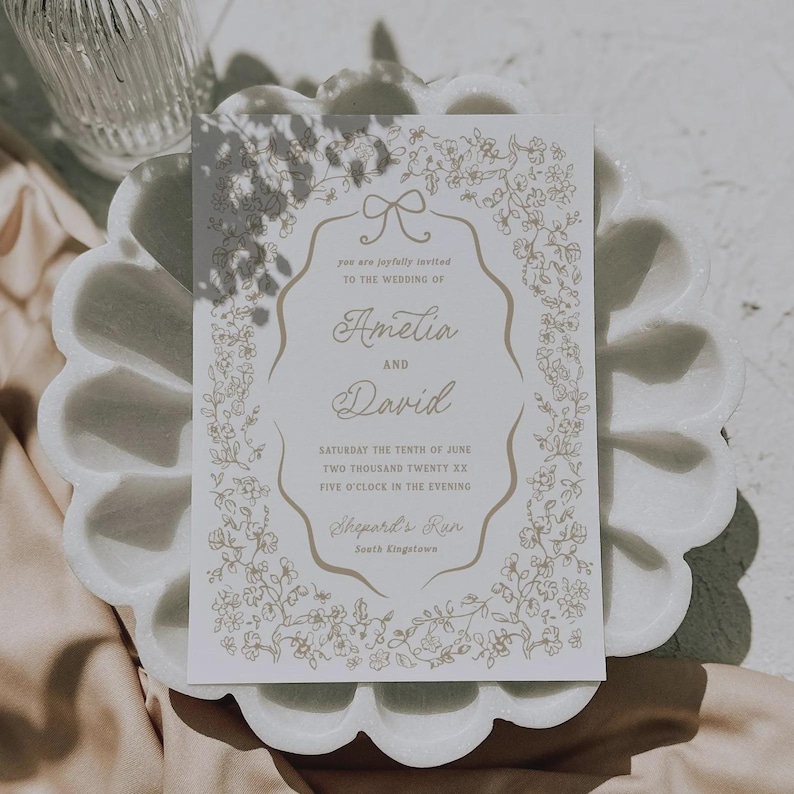 Beige Wedding Invitation Template Elegant Hand Drawn Floral Chinoiserie ...