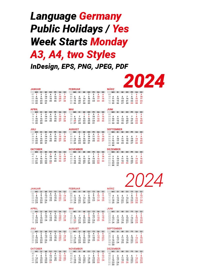 German Public Holidays Calendar Template 2024 Indesign EPS PDF PNG - Etsy