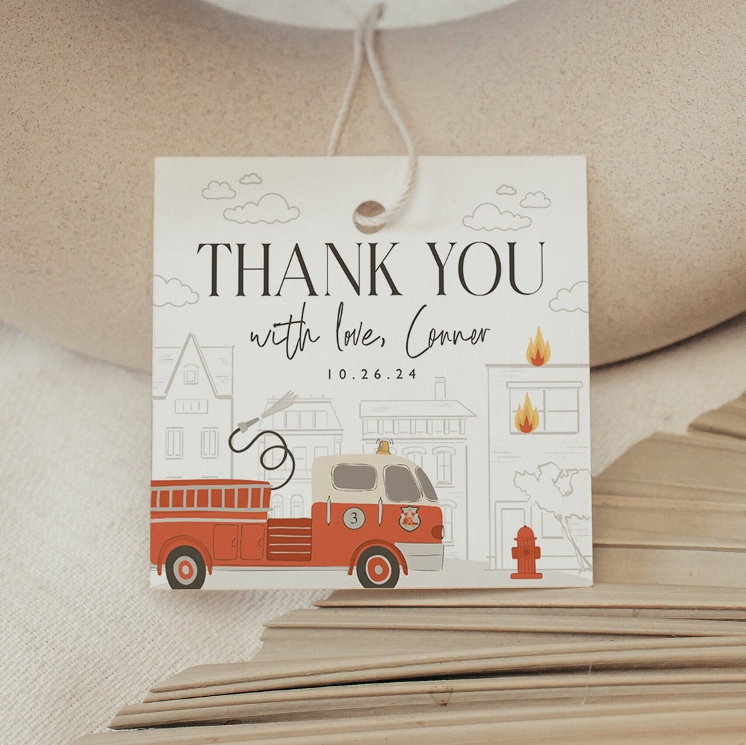 Fire Truck Birthday Favor Tag, Fire Engine Birthday Party Tags, Fireman ...