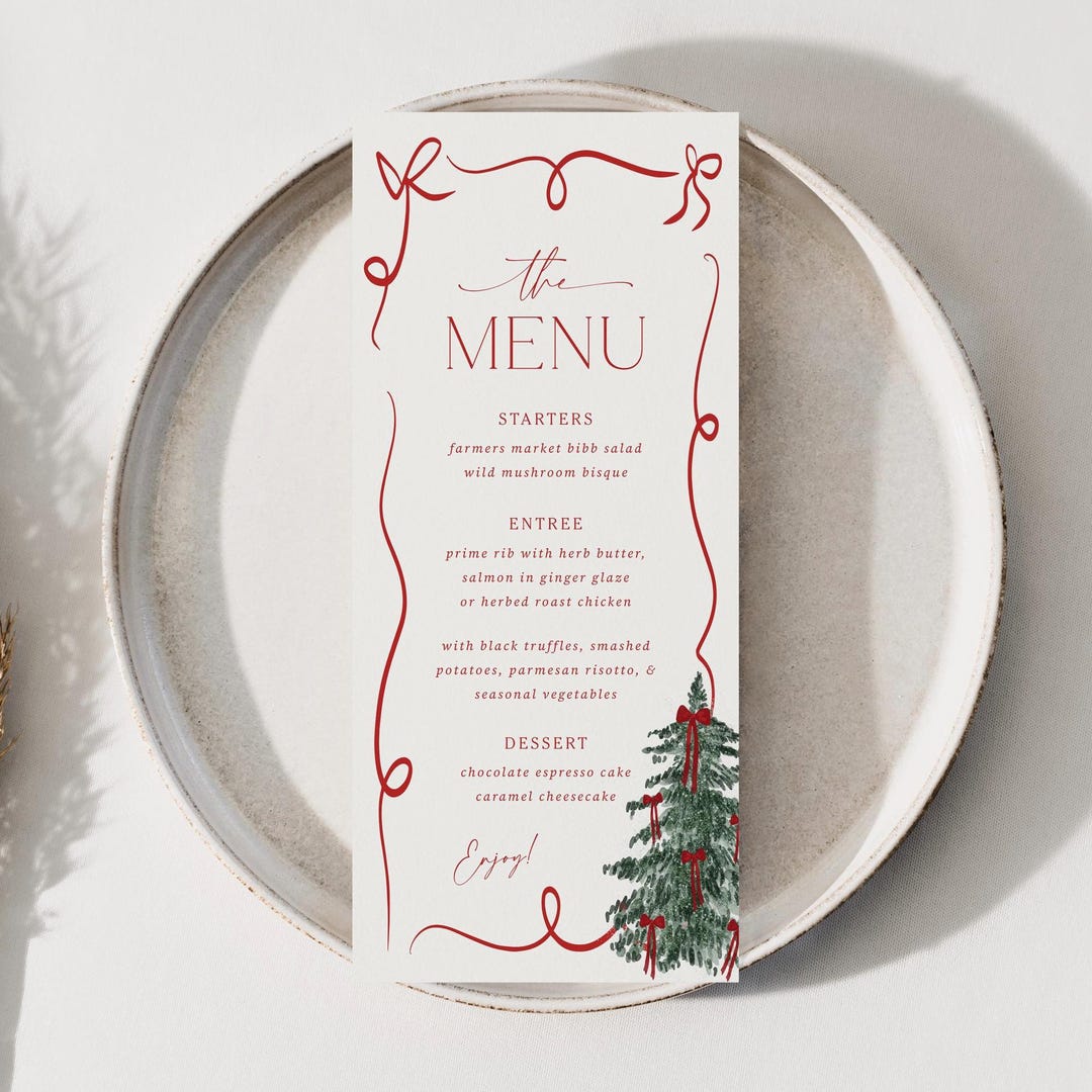 Christmas Menu Hand Drawn Holiday Party Dinner Menu Whimsical Bow Place Card Template Editable ...