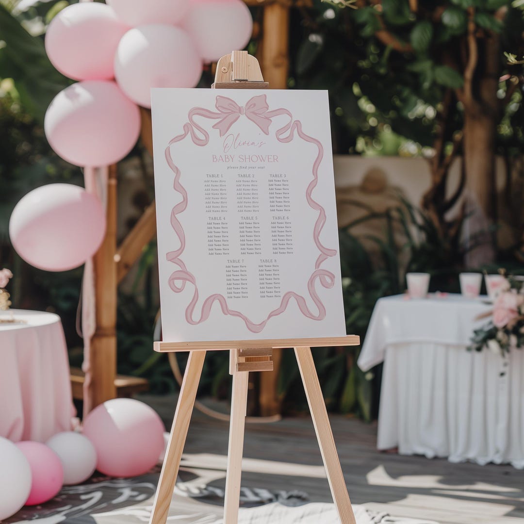 Seating Chart Sign Template Editable Bow Shower Table Sign Coquette Bow ...